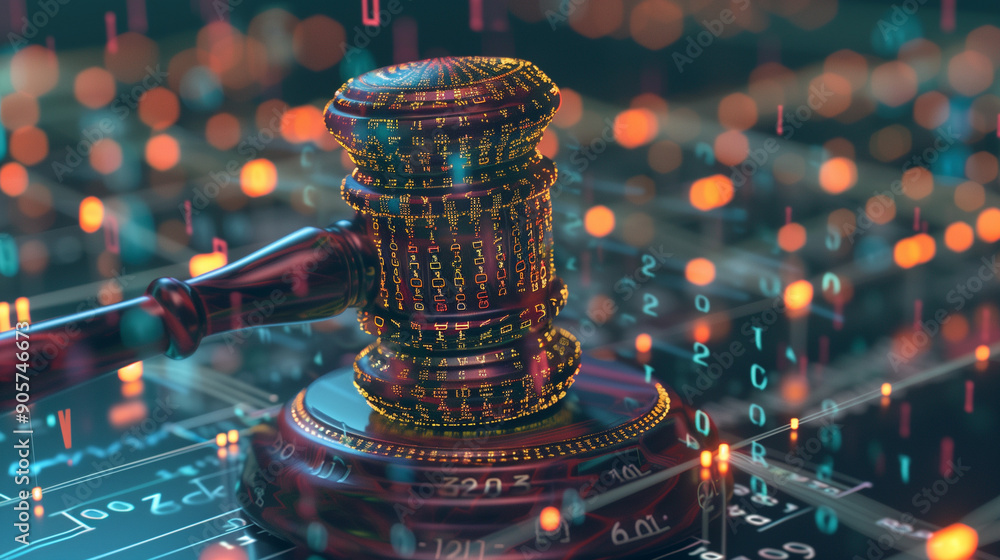 A digital judge's gavel, covered with complex binary code, symbolizes ...