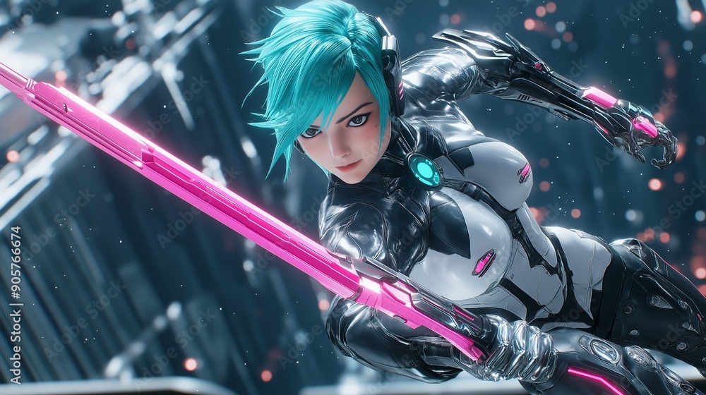 A fierce cyber fighter poised for action, brandishing a glowing sword ...