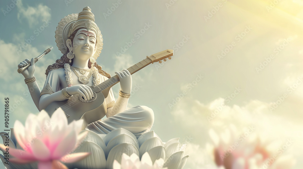 Saraswati goddess of knowledge playing music with sitar and veena on ...