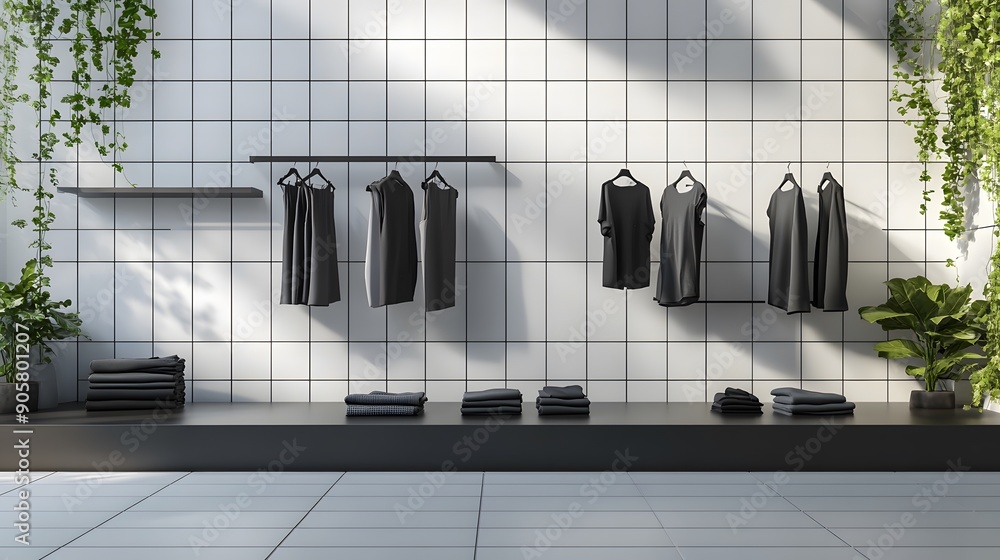 Black and gray dress clothes in modern shop display with white square ...