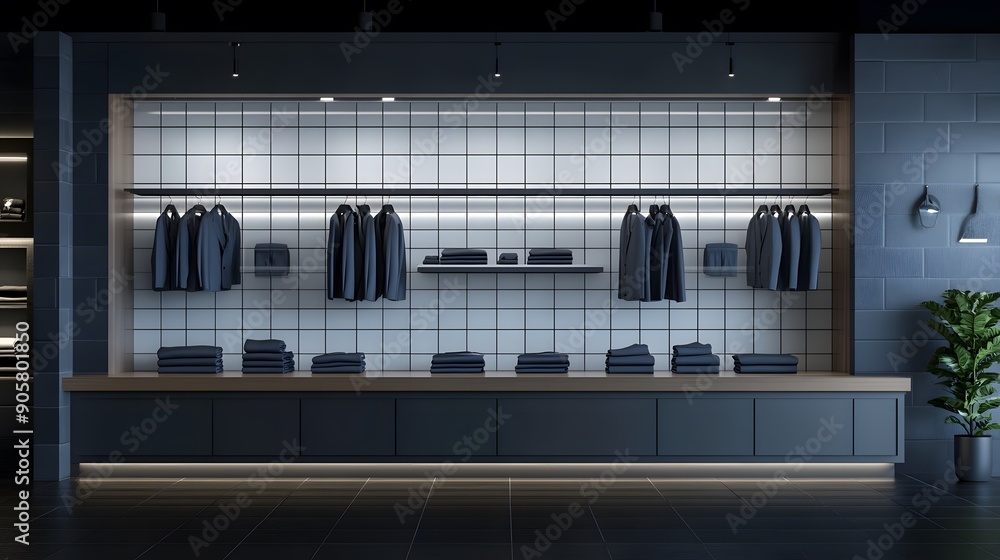 Black and gray dress clothes in a sleek shop display, white square tile ...