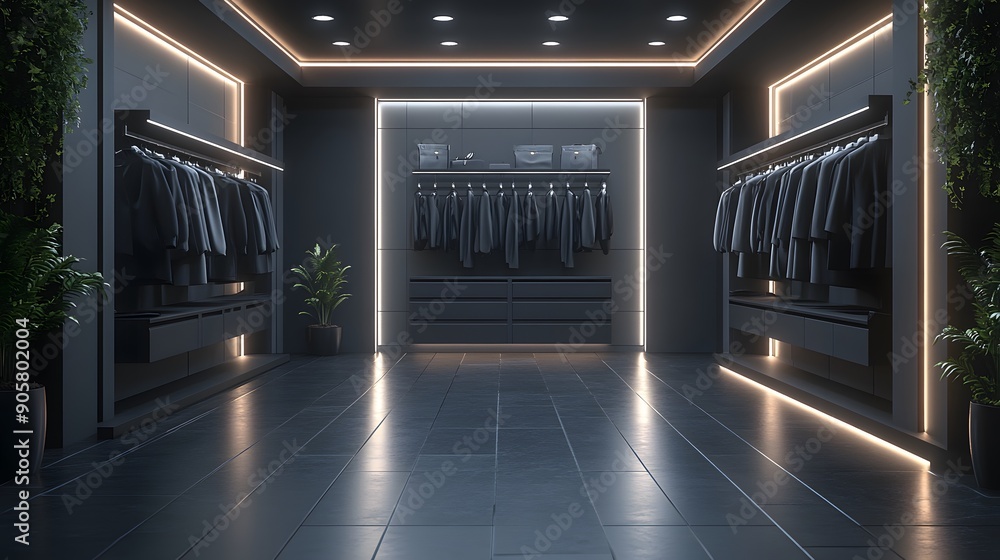 Display of black and gray dress clothes in a modern store, white tile ...