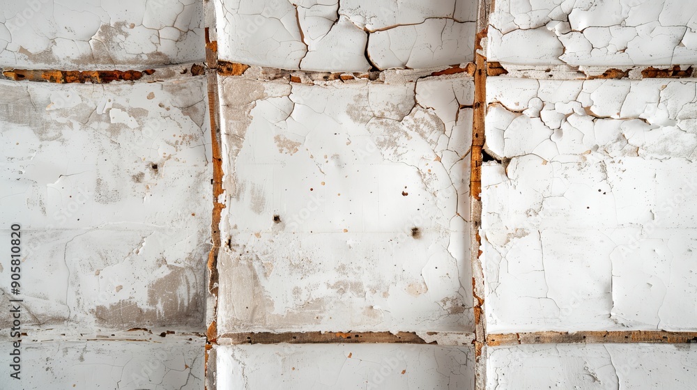 Old building ceiling with severe plaster damage, rotting wood beams ...