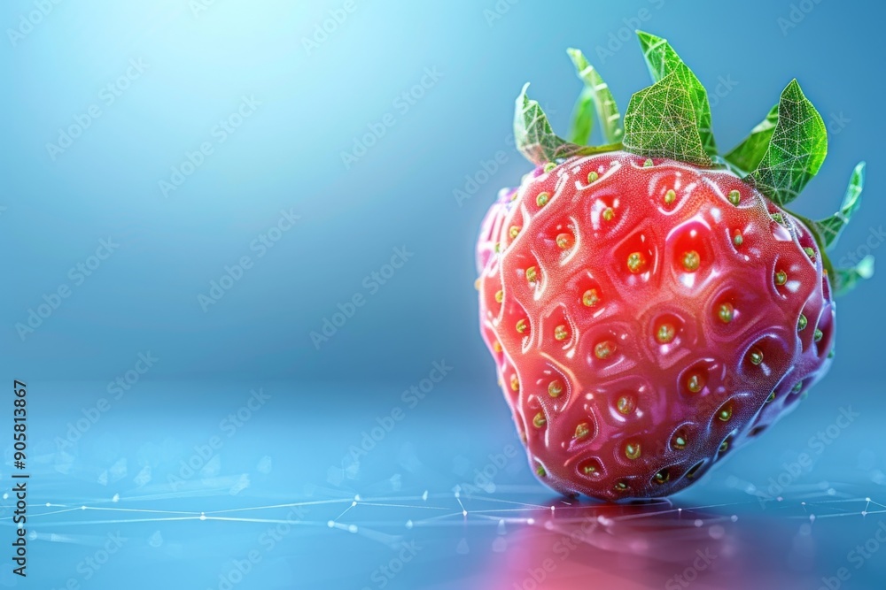Low Poly Strawberry with Polygonal Wireframe on a Clean Blue Background ...