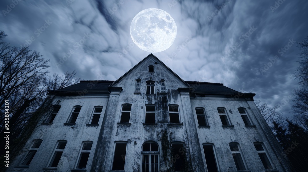 Dilapidated mansion with shattered windows, overgrown ivy, and a ...