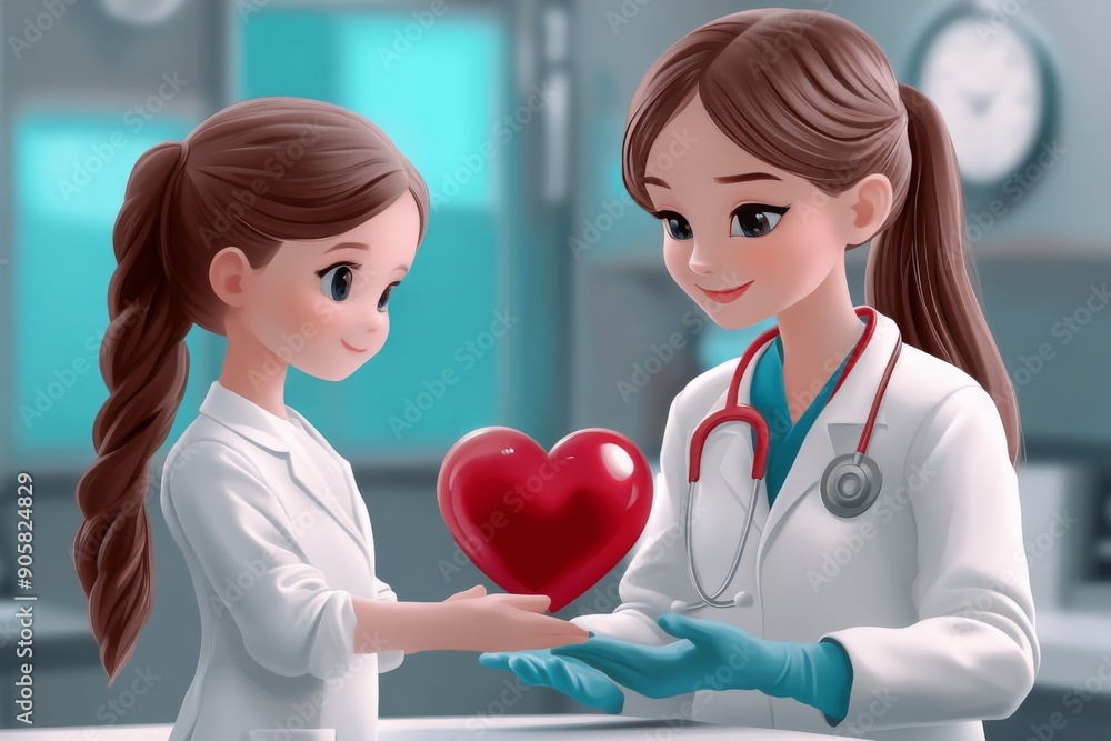 Two animated healthcare professionals with a heart symbolizing teamwork ...