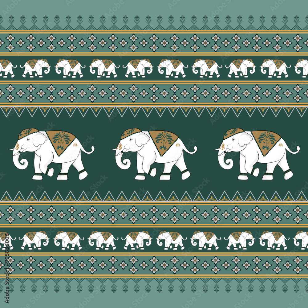 Thai Elephant Pattern, Green Theme Colors, Native Thailand Fabric ...