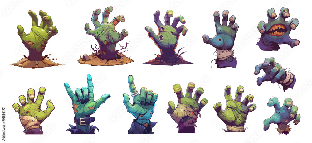 Cartoon zombie hands gestures set. Vector halloween scary dead monster ...