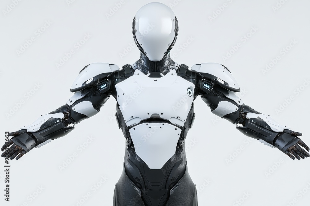 Full-body view of a humanoid robot in a T-pose symbolizing the balance ...