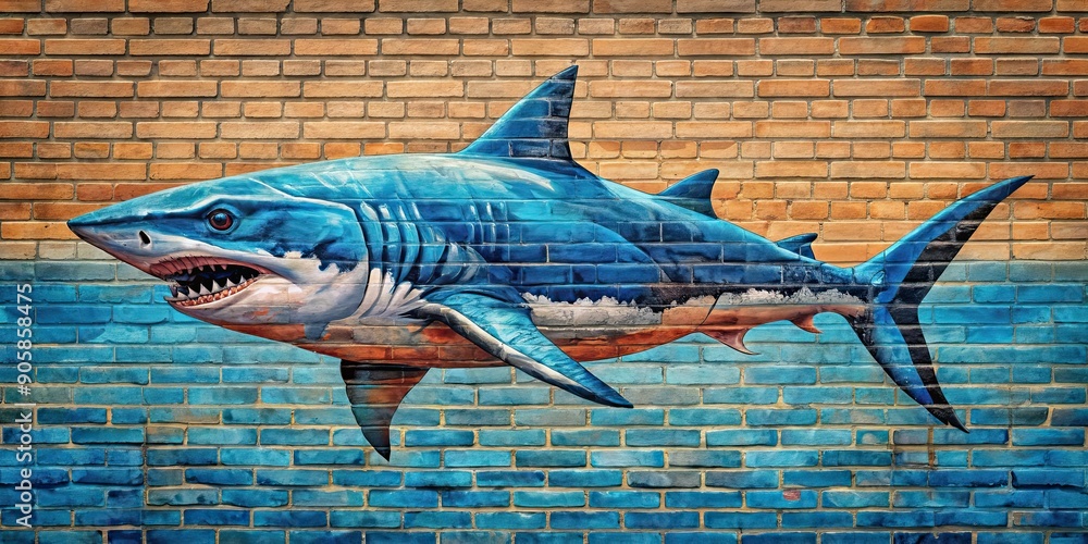 Vibrant shark mural painted on a brick wall, shark, mural, vibrant ...