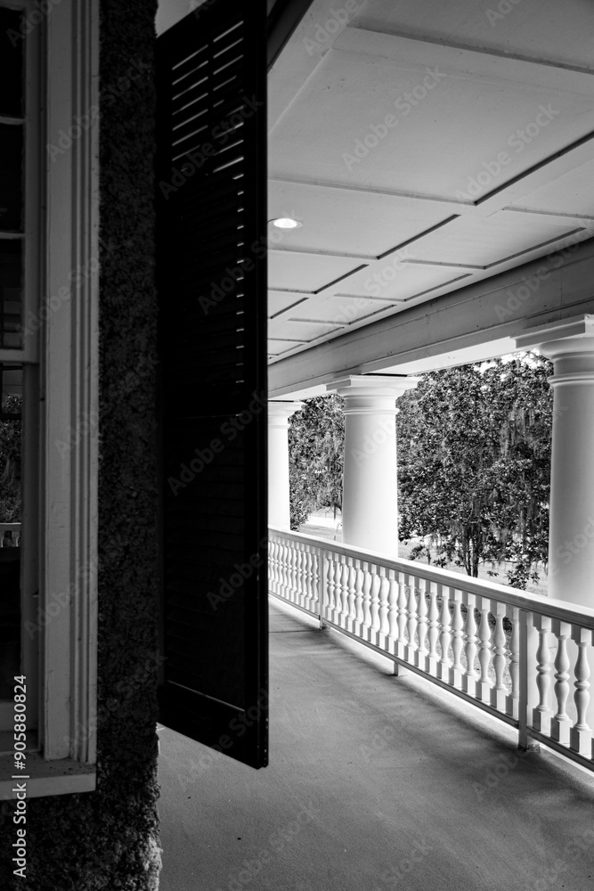 large pillars along veranda of historic plantation home in Charleston ...