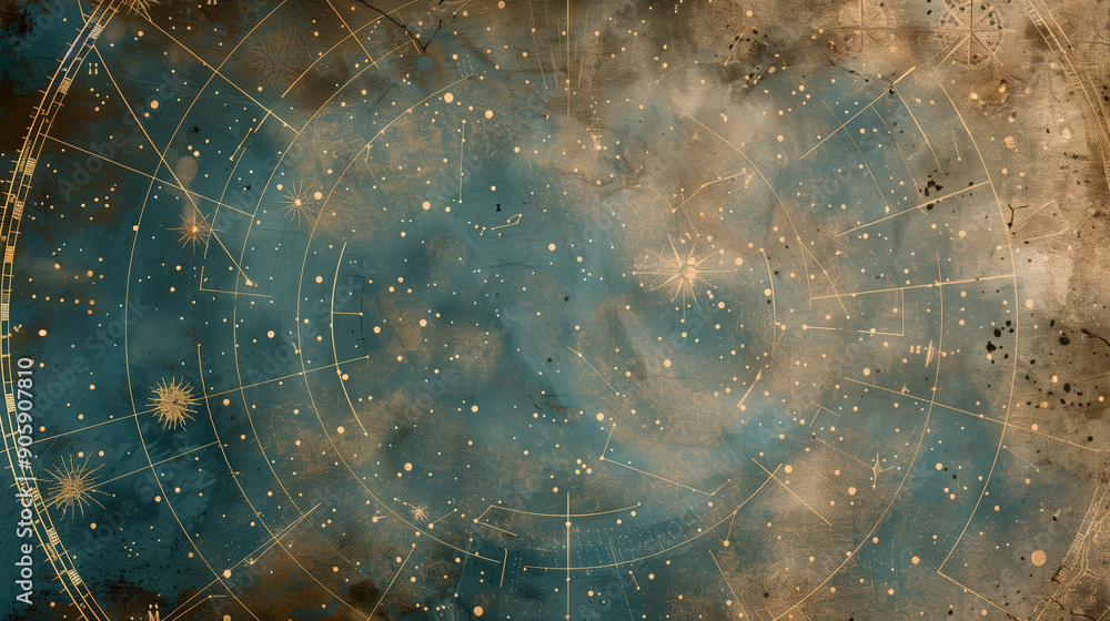 Vintage celestial map with golden constellations on blue background ...