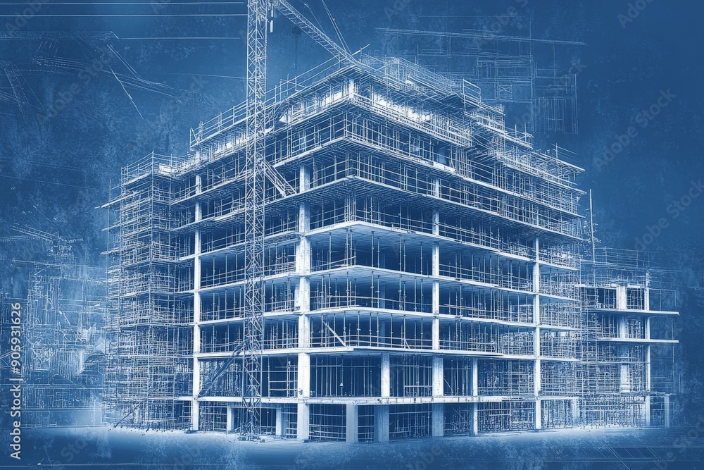 Detailed blueprint construction plan of a multi-story building, with ...