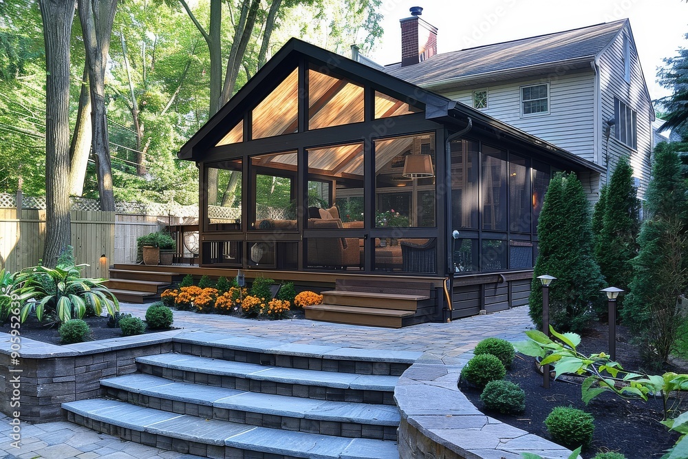 Sunroom and patio project in northern New Jersey featuring an L-shaped ...