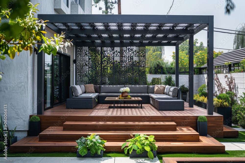 Outdoor patio with black and white laser cut panels, elegant modern ...
