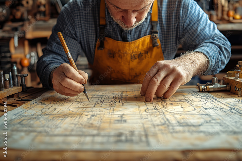 Photograph of an Engineer Preparing Blueprints: Arranging technical ...