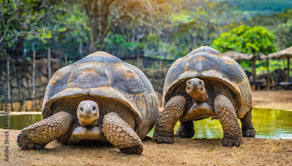 Couple of Aldabra giant tortoises endemic species - one of the largest ...