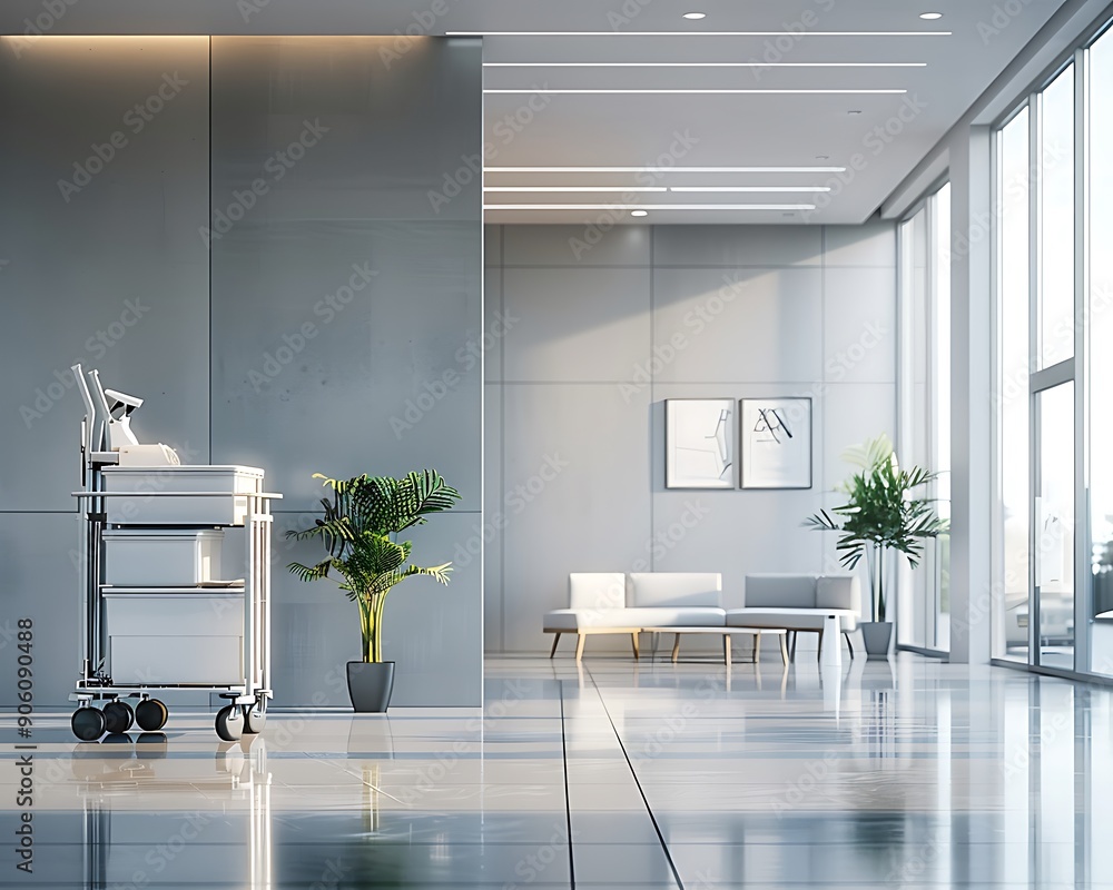 Efficiently stocked cleaning trolley in the elegant lobby of a high ...