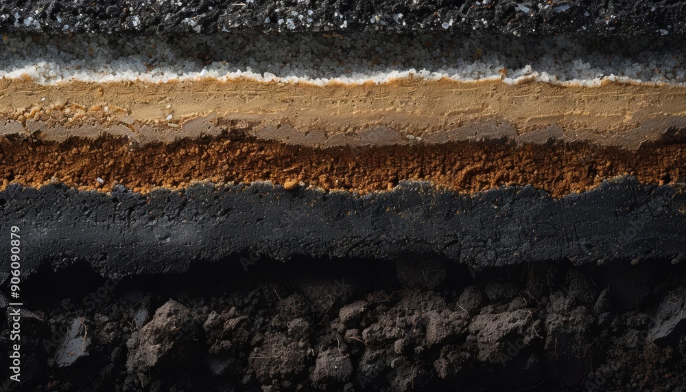 Detailed photo of soil layers exposed in a cross-section, showcasing ...