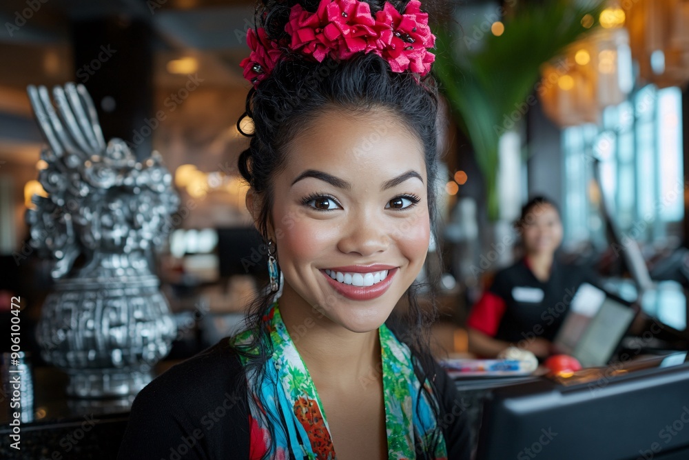 3. Receptionists at a hotel front desk, engaging in a joyful ...
