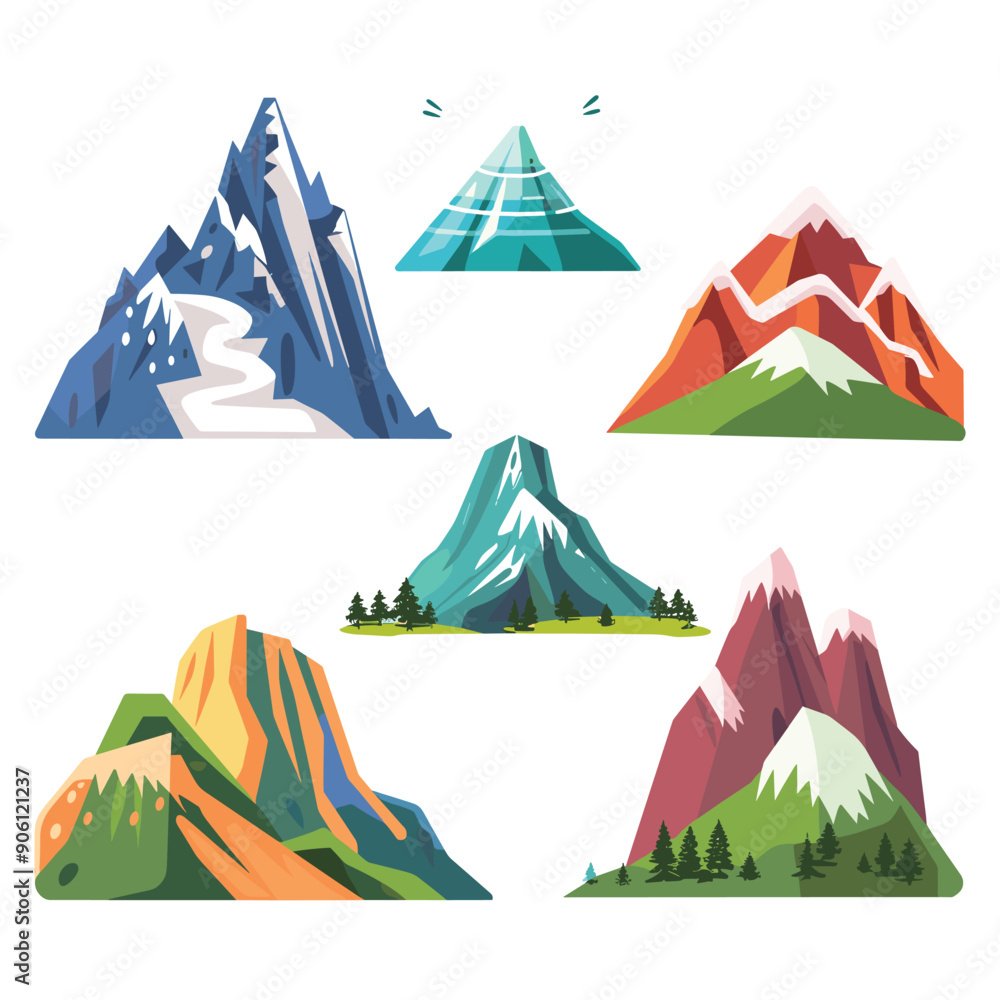 Collection stylized mountains flat design, unique shape color palette ...