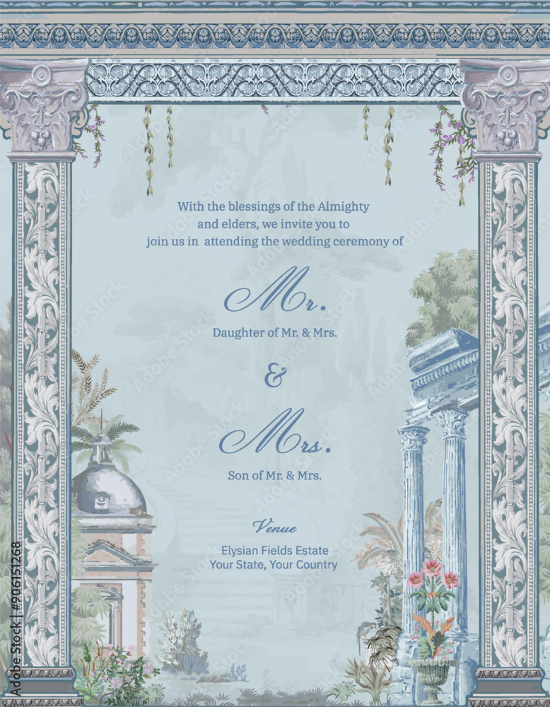 Roman Ancient theme wedding invitation card design for printing. Stock ...