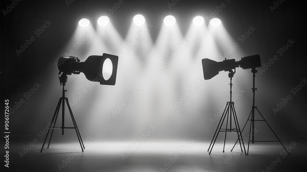 Twin studio lights illuminating a dark space, creating dramatic shadows ...