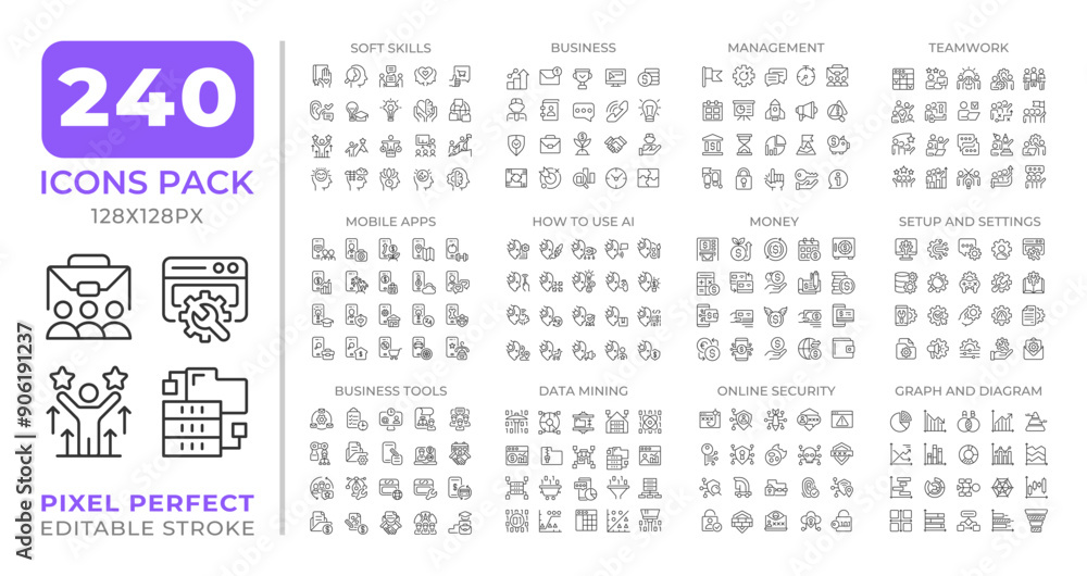 IT business management line icons set collection. AI, finance ...