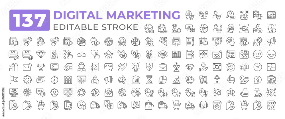 Digital marketing line icons big set. Feedback customer. Cyber security ...