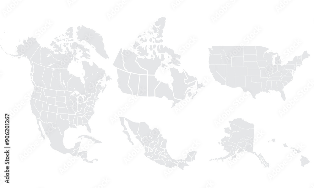 North America map templates. USA, Canada and Mexico map Grayscale ...