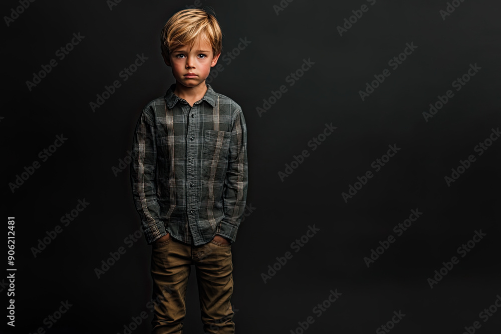 Young boy sad upset, clean background model person looking forward ...