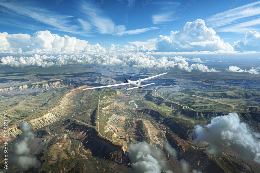 Exploring a vast landscape with a fixed-wing drone, showcasing its ...