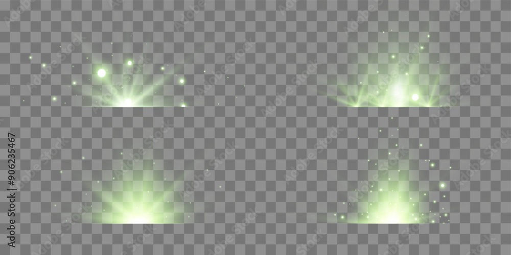 Green lens flares set. Isolated on transparent background. Sun flash ...