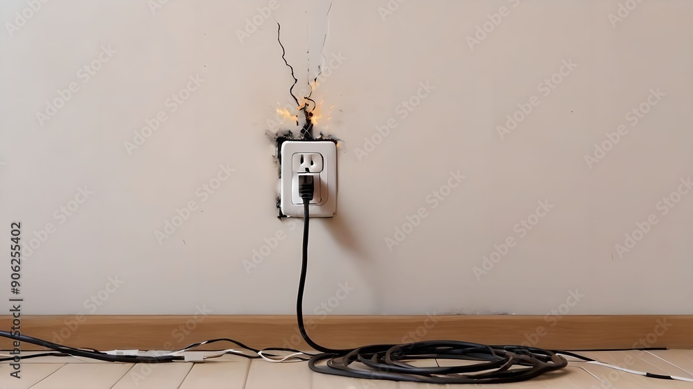 Fire burnt wall electricity plug with black cable. Electrical power ...