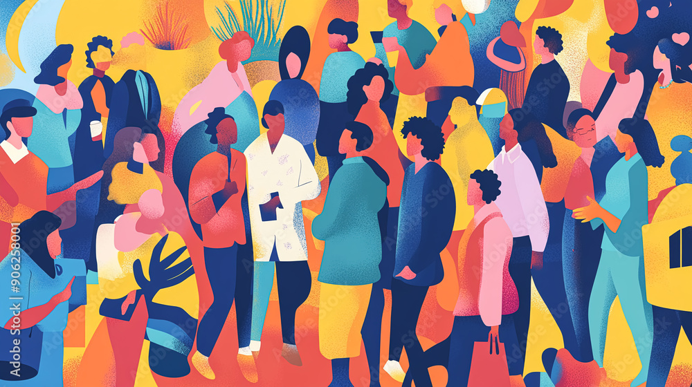 People of various backgrounds interacting in a shared space, vibrant ...