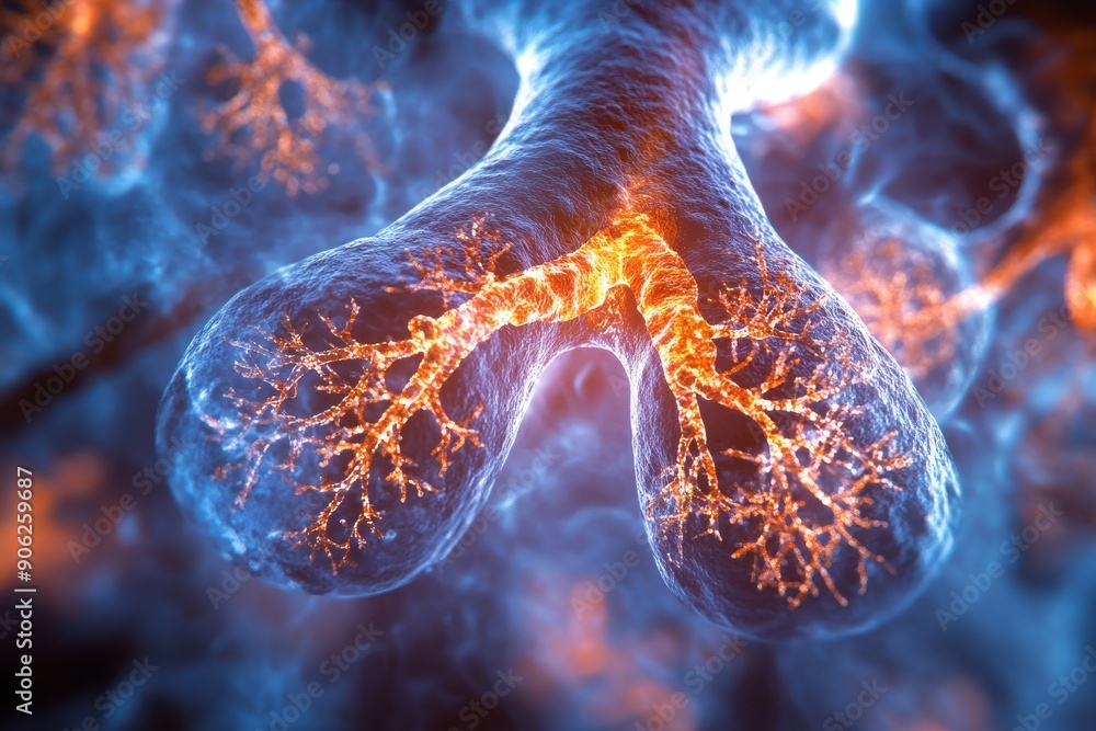 Macro view of the exchange of gases in the alveoli of the lungs ...
