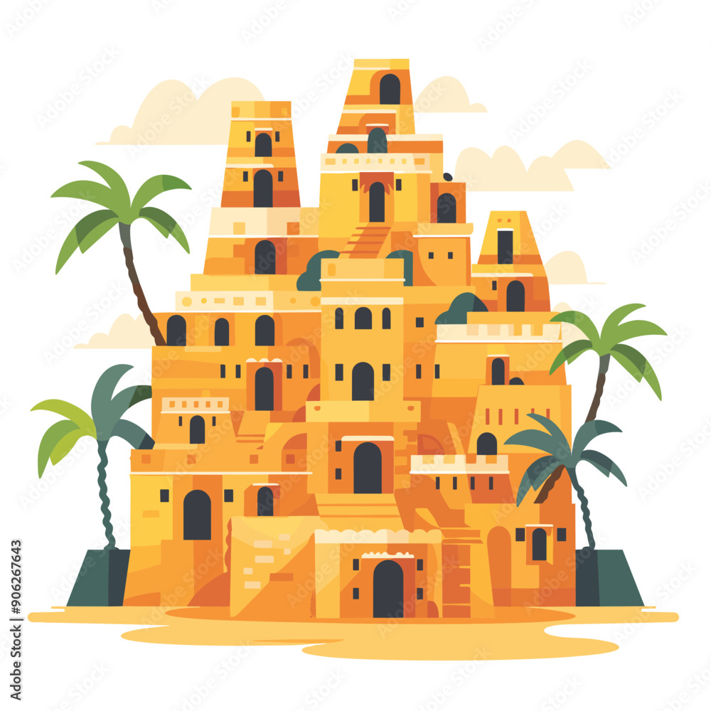 Illustration depicts complex ancient ziggurat structure set Middle ...