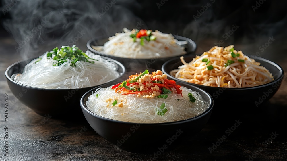 Three types of Thai noodles, displayed from back to front: Glass Noodle ...