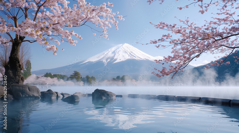 Serene Landscape of Mount Fuji With Cherry Blossoms and Tranquil Hot ...