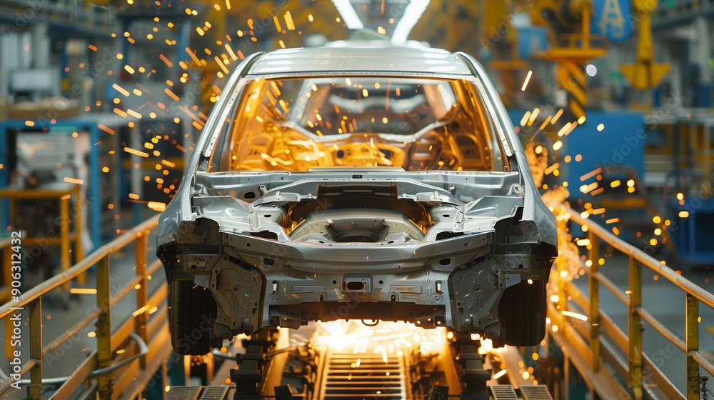 Car Manufacturing Facility Engaged in Assembly Process With Sparks ...