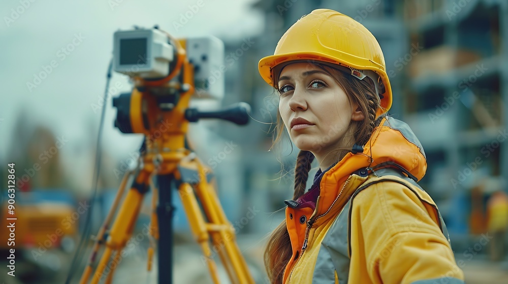 Female site engineer surveyor working with theodolite total station EDM ...