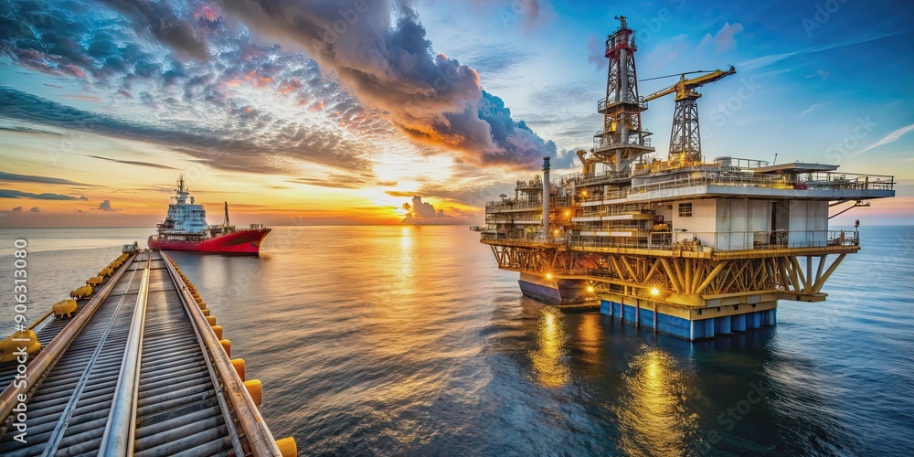 Drilling rig on a production platform and FPSO ship , offshore, oil and ...