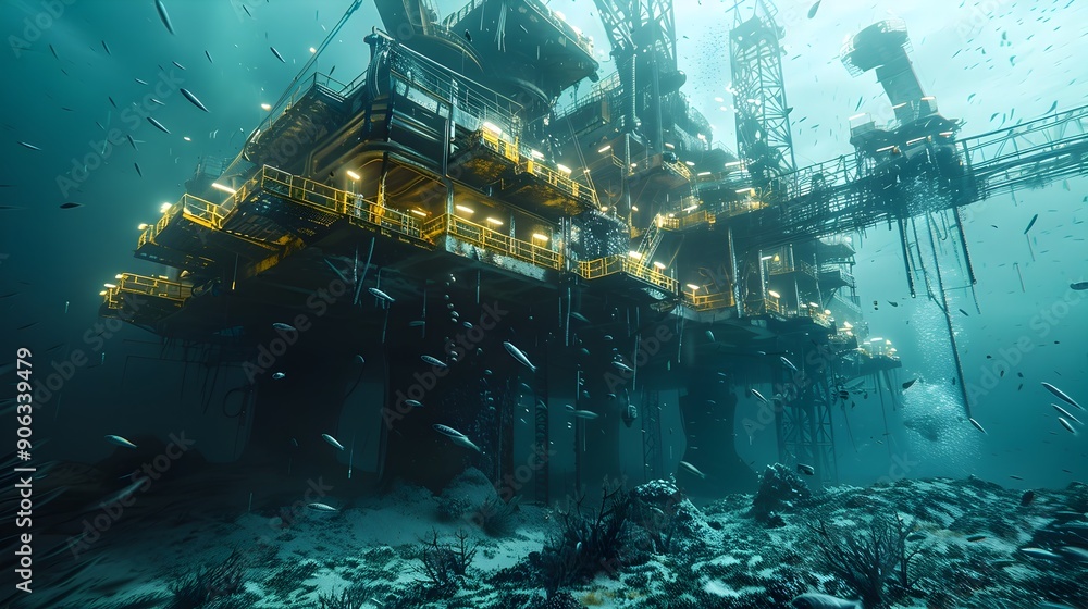 Massive Offshore Oil Rig with Divers Inspecting Underwater Structures ...
