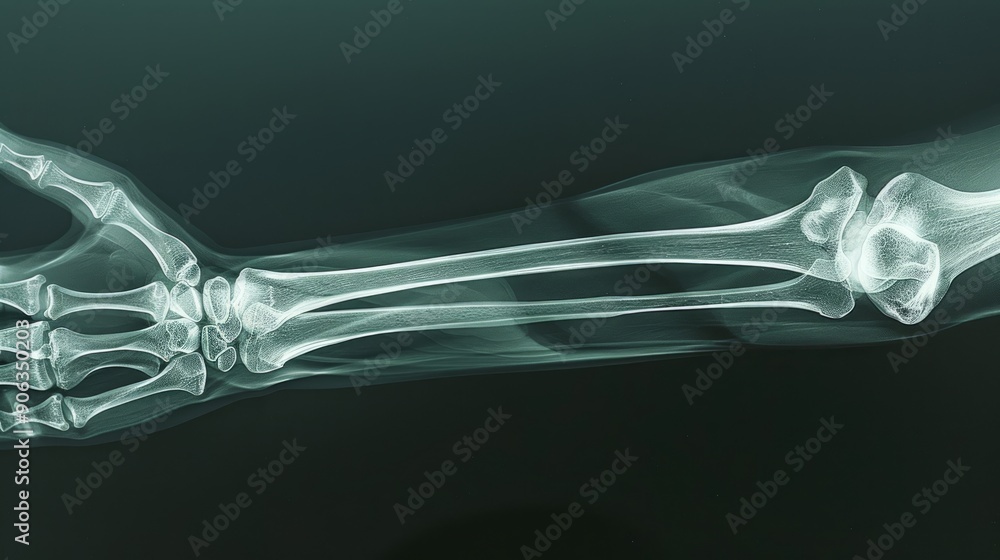X-ray image of a human forearm displaying detailed bone structure ...