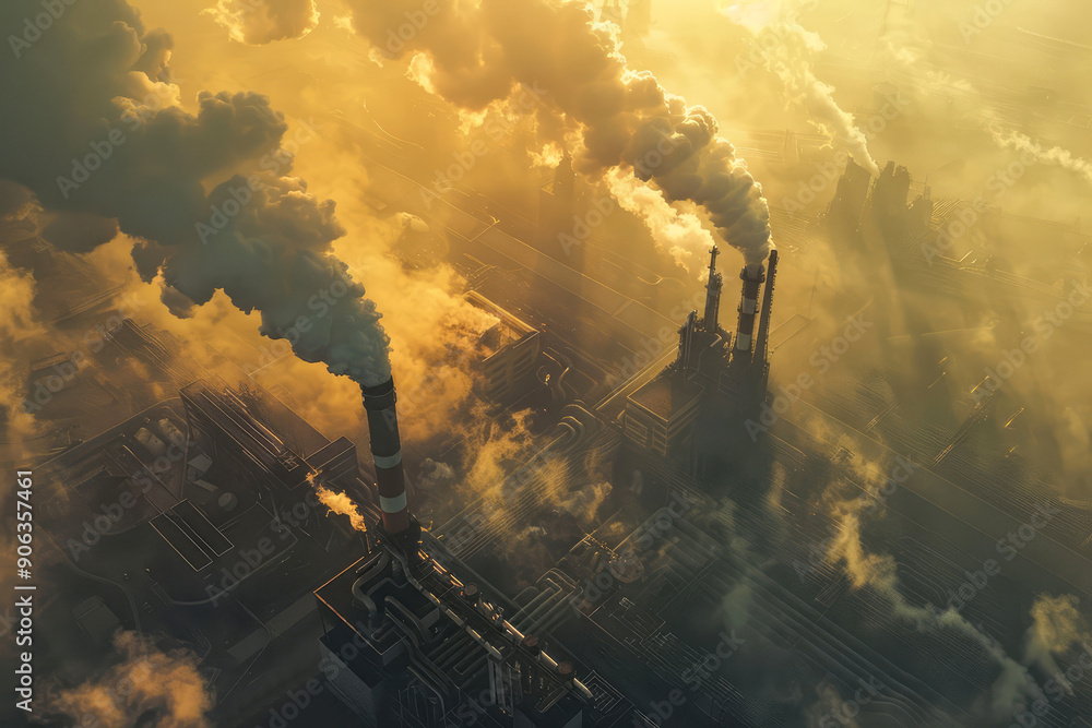 An aerial view of a factory emitting dark smoke and smog, highlighting ...