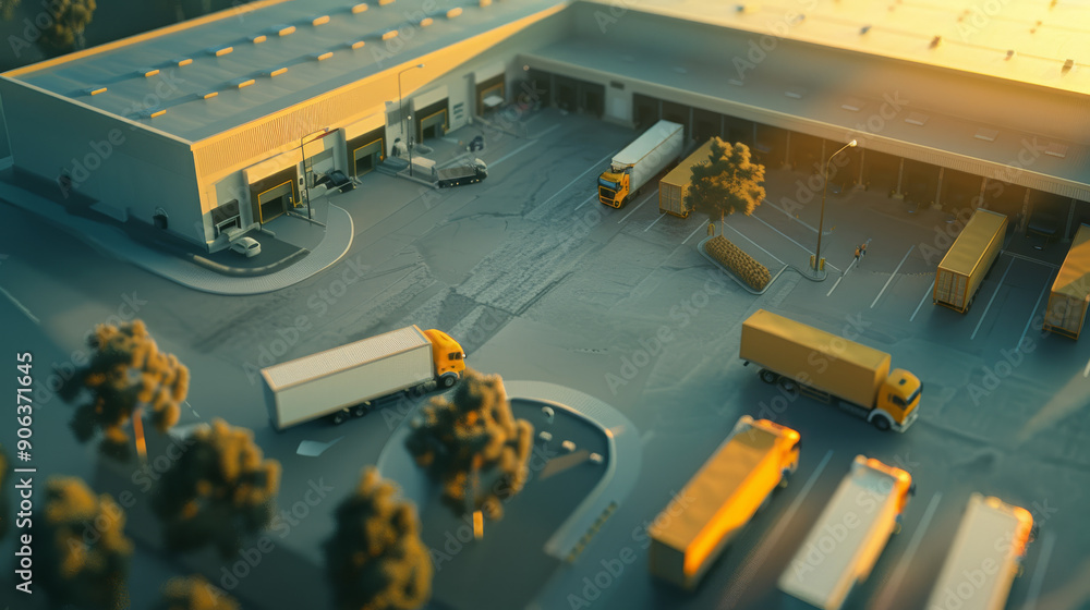 Trucks and vans maneuver around a distribution center, illuminated by a ...
