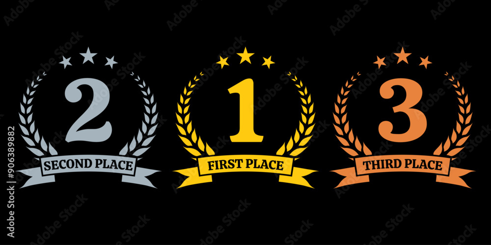 Winner, prize icon set. Laurel wreath awards. First, Second And Third ...