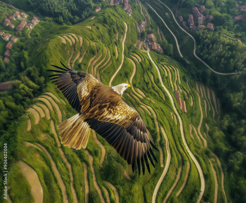 From a bird's-eye view, a powerful eagle dominates the scene, its wings ...
