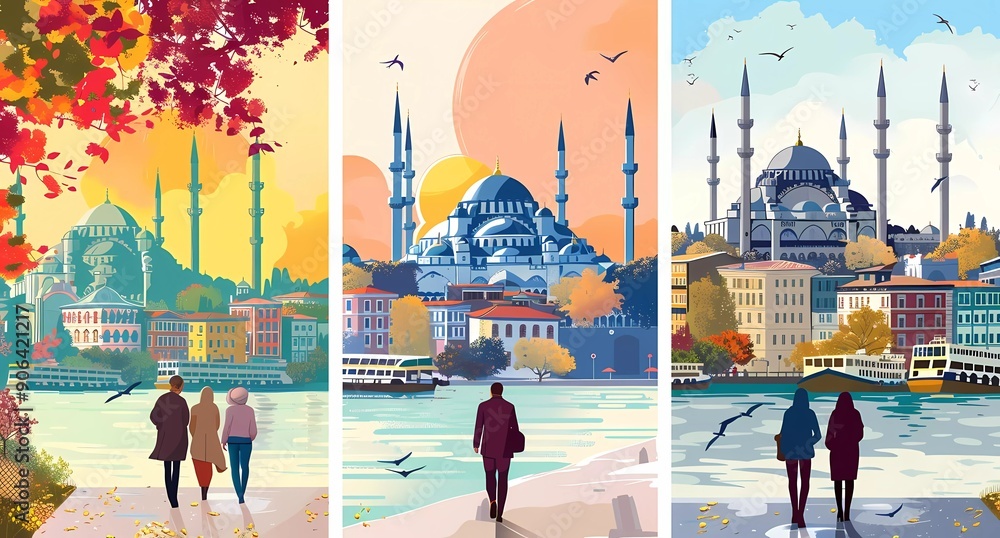 This bottom up vector poster set of Istanbul has three vertical panels ...