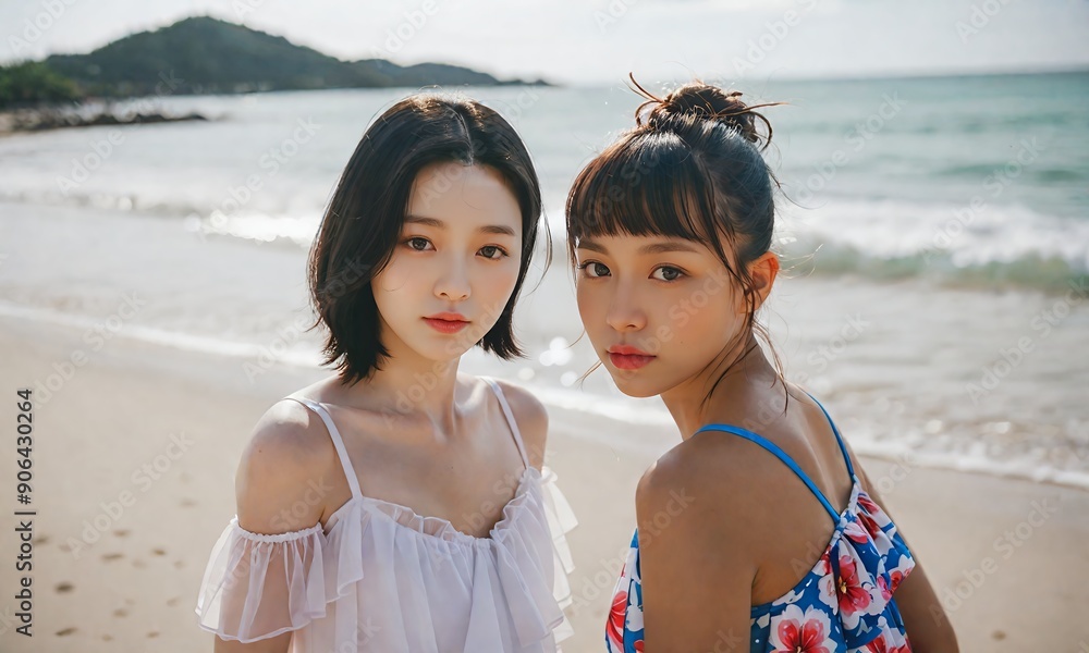 Beach day duo- Asian women in summer attire. KPOP, Japanese idol-style ...